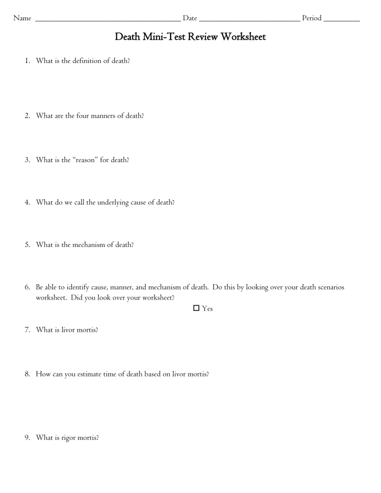 Death Mini-Test Review Worksheet: Forensic Science
