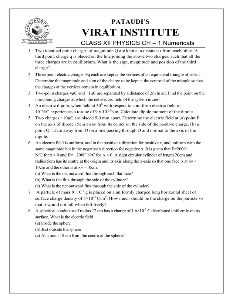 Physics Worksheet: Electrostatics Numericals
