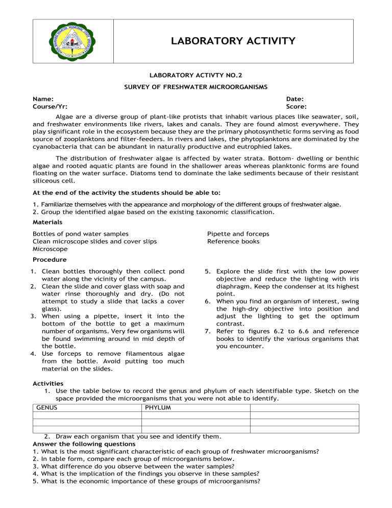 Freshwater Microorganism Survey: Algae Lab Activity
