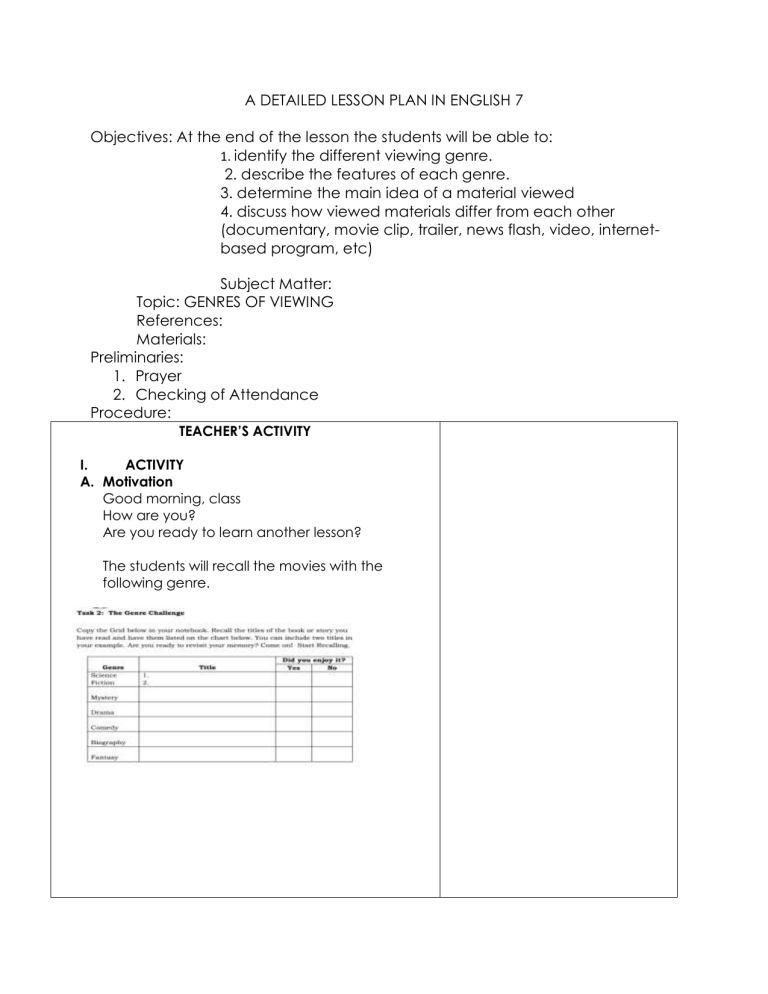 English 7 Lesson Plan: Viewing Genres