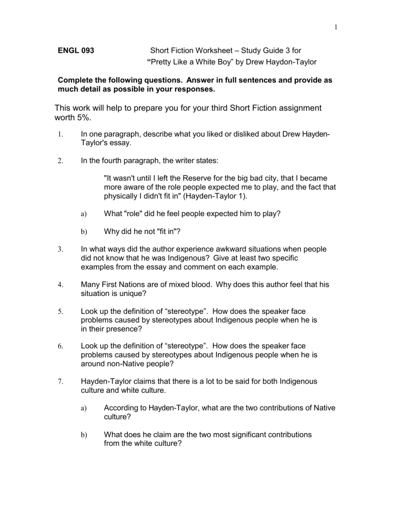 "Pretty Like a White Boy" Worksheet: Identity & Stereotypes