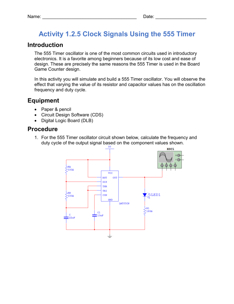 555 Timer Oscillator Activity Worksheet