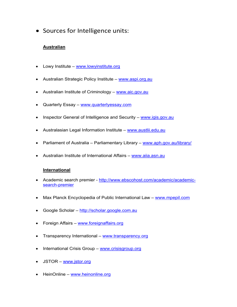 Intelligence Resources: Australian & International Sources
