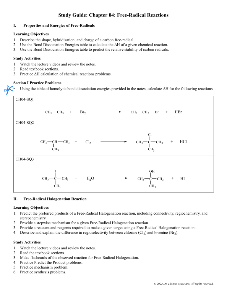 Free-Radical Reactions Study Guide: Organic Chemistry