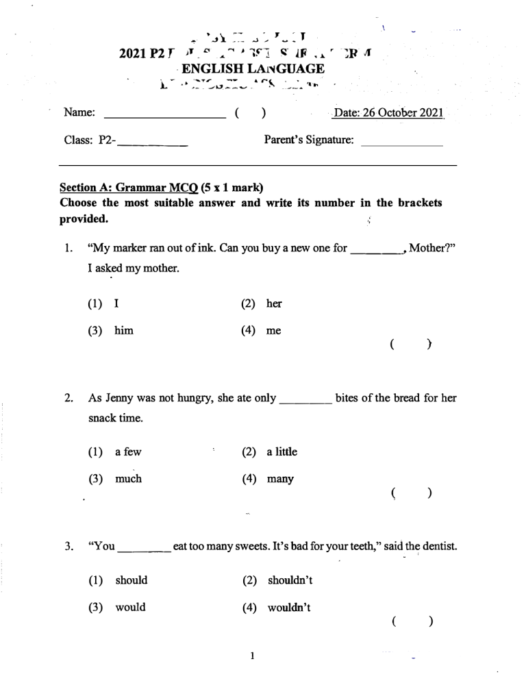 P2 English Grammar Diagnostic Assessment