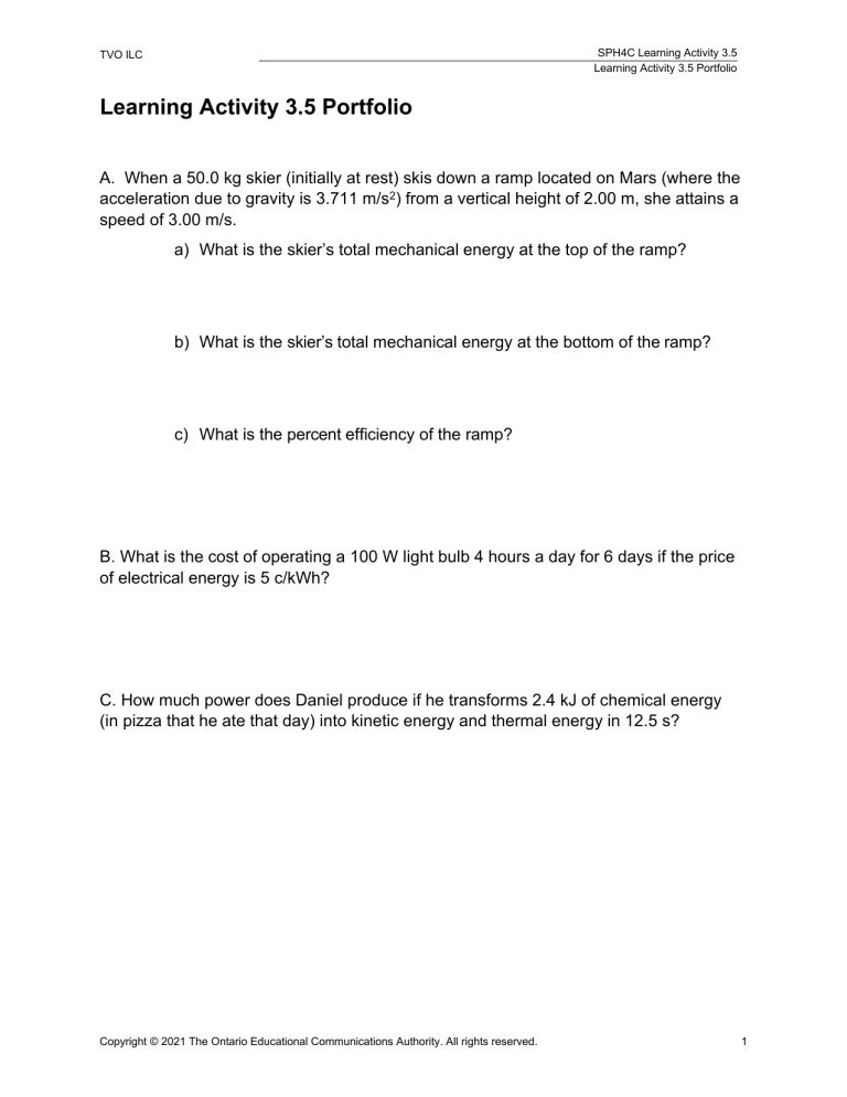 Physics Learning Activity: Energy, Power, Efficiency