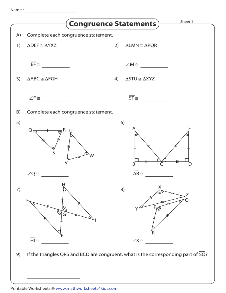 Congruence Statements Worksheet: Geometry Practice