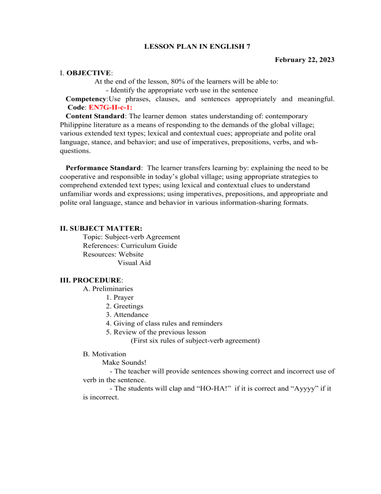English 7 Lesson Plan: Subject-Verb Agreement