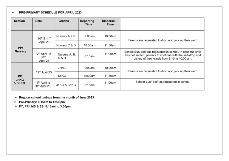 Pre-Primary Schedule April 2023