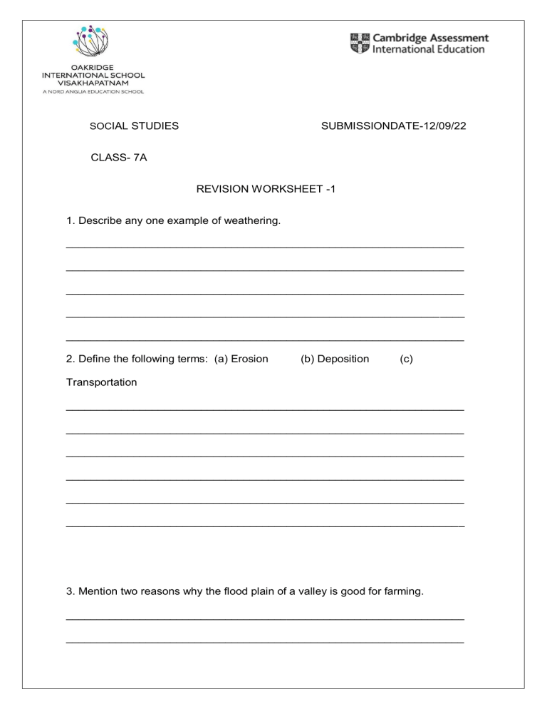 Social Studies Revision Worksheet - Grade 7