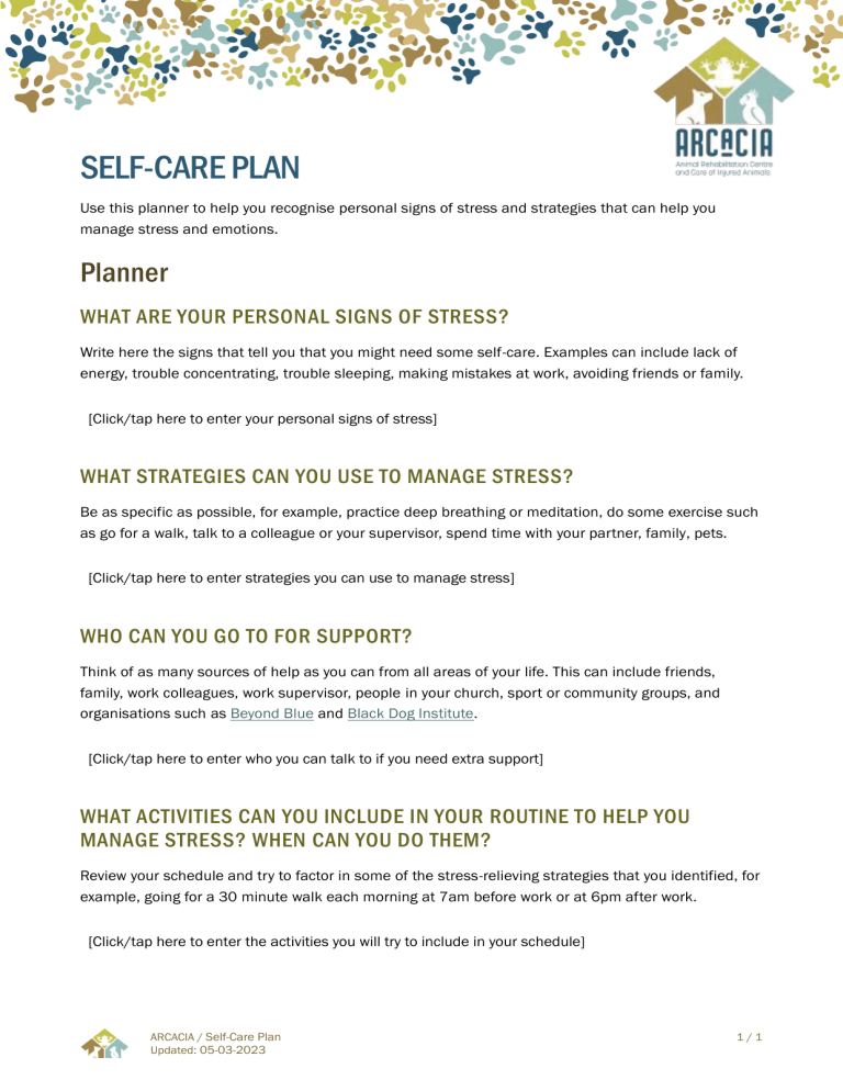 Self-Care Plan: Manage Stress & Emotions