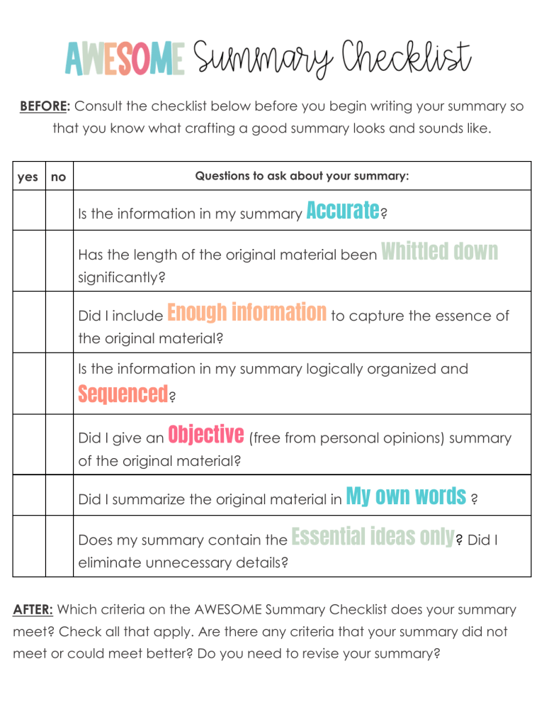 Summary Checklist: Evaluate Your Writing