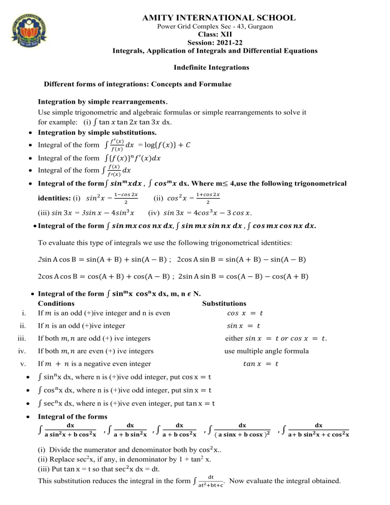 Integrals & Differential Equations Worksheet