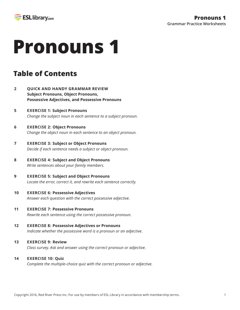 Pronouns Grammar Practice Worksheets for ESL Learners