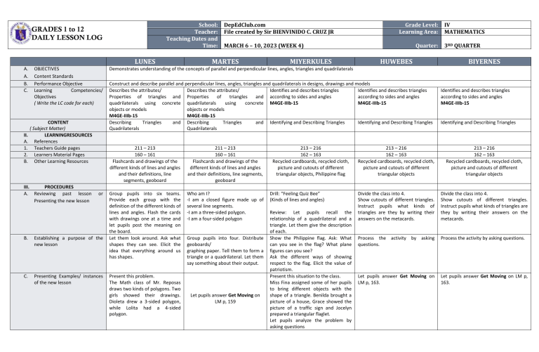 Grade 4 Math: Triangles & Quadrilaterals Lesson Log