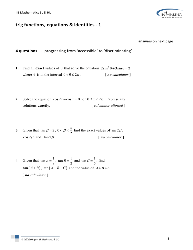 IB Math Trig Functions, Equations & Identities Worksheet