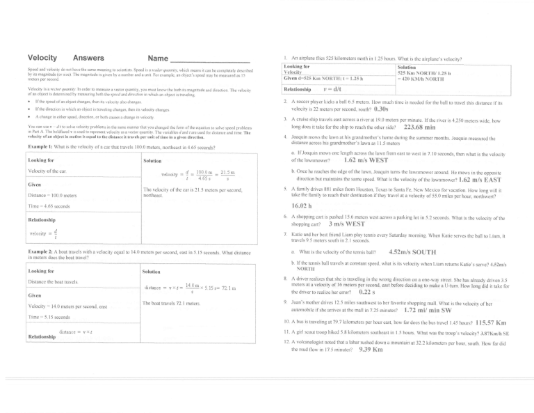 Velocity and Acceleration Worksheet - Physics Problems