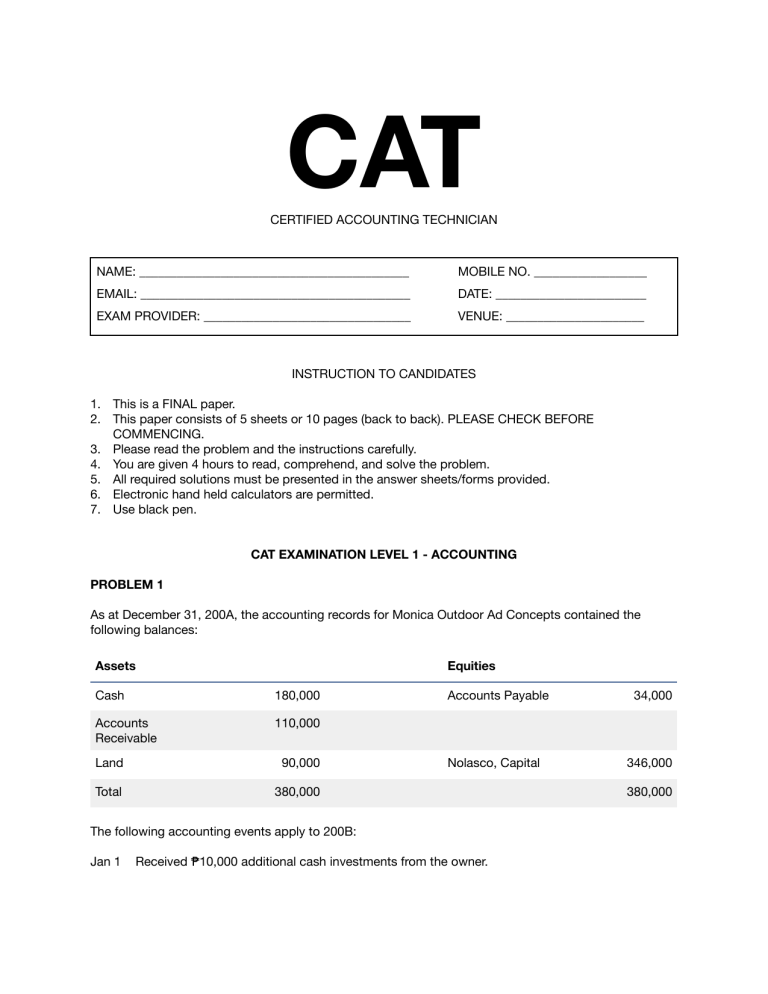 CAT Level 1 Accounting Exam Paper