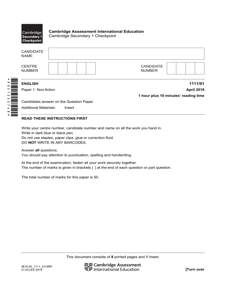 Cambridge Checkpoint English Exam Paper 1 Non-fiction