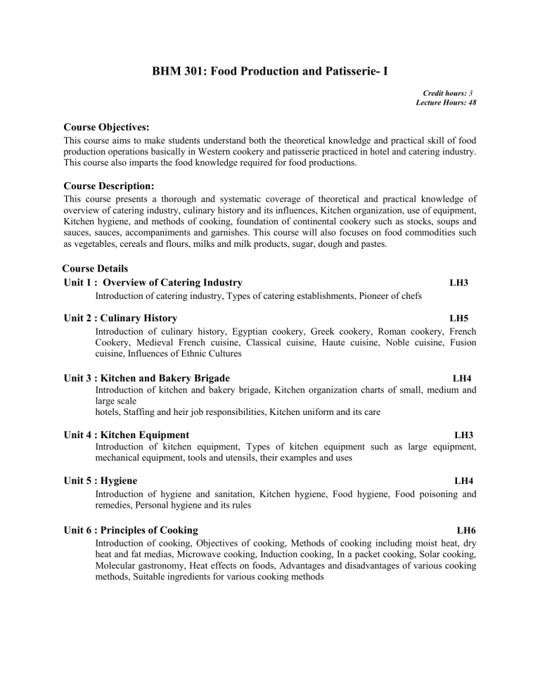 BHM 301 Food Production & Patisserie Syllabus