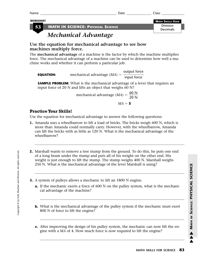 Mechanical Advantage Worksheet: Physical Science Math Skills