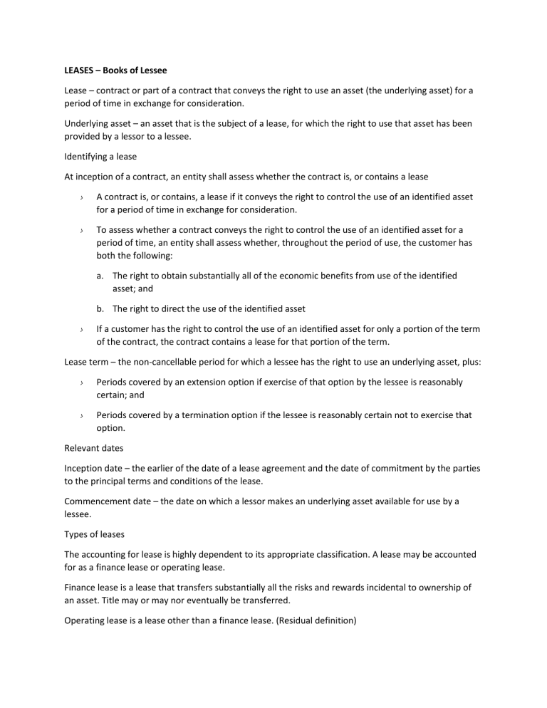 Lease Accounting For Lessees Key Principles