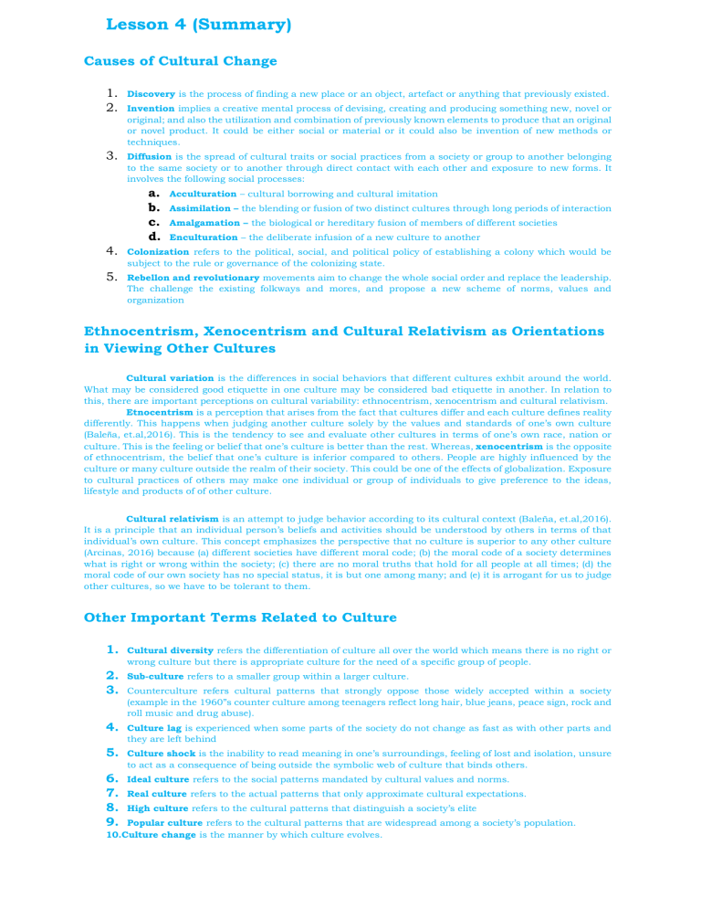 Cultural Change & Relativism Lesson Summary