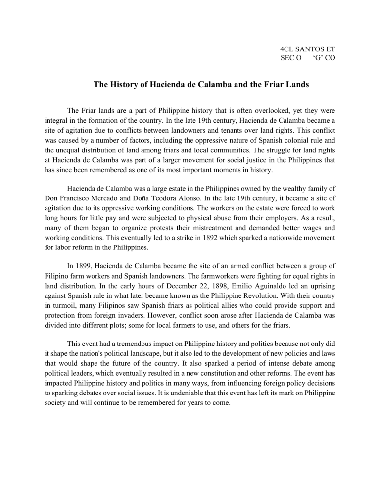 Hacienda de Calamba & Friar Lands: Philippine History