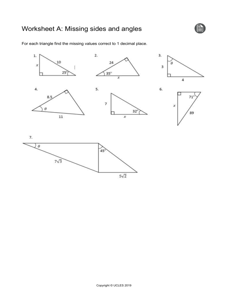 Trigonometry Worksheet: Missing Sides & Angles