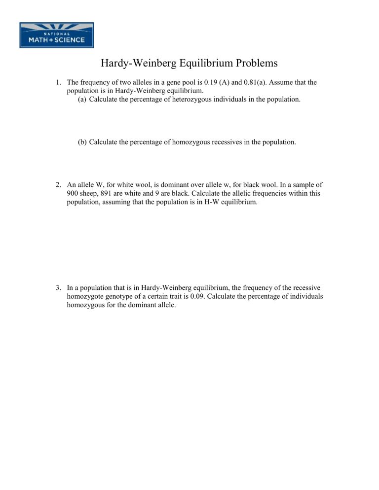 Hardy-Weinberg Equilibrium Problems Worksheet