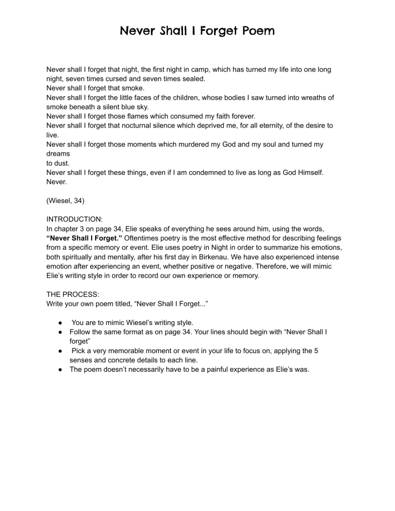Never Shall I Forget Poem Assignment: Elie Wiesel Style