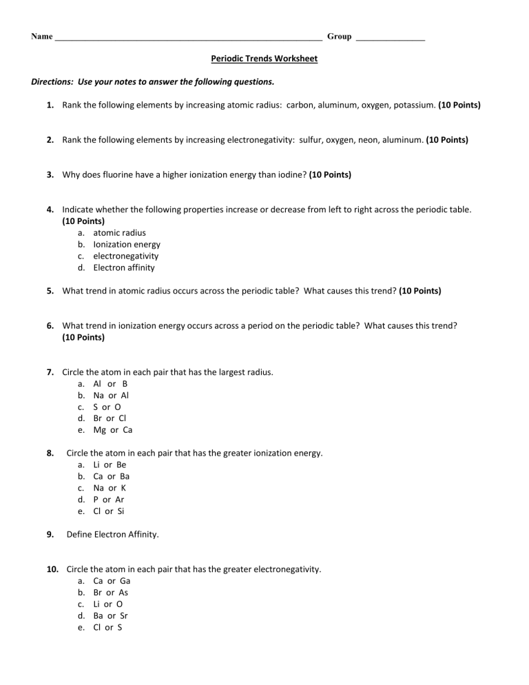 Periodic Trends Worksheet: Chemistry Practice