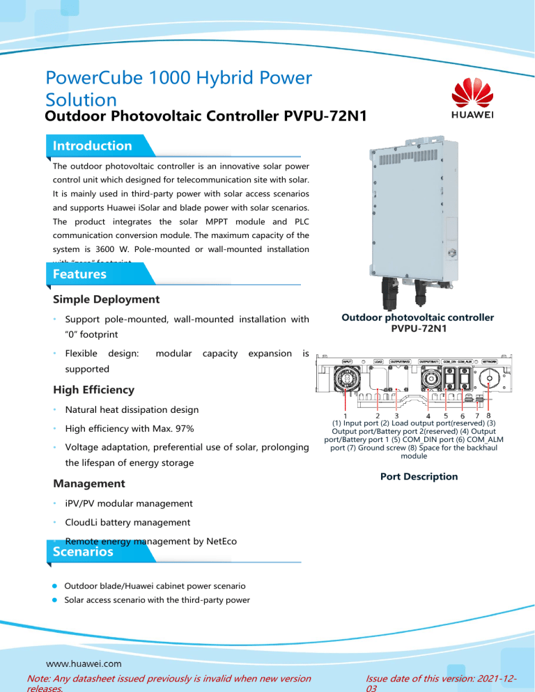 PVPU-72N1 Outdoor Photovoltaic Controller Datasheet