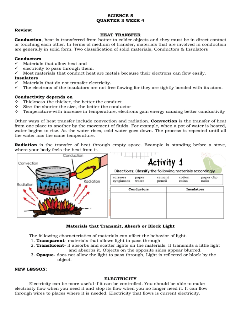 Heat, Light, Electricity Worksheet for Elementary School