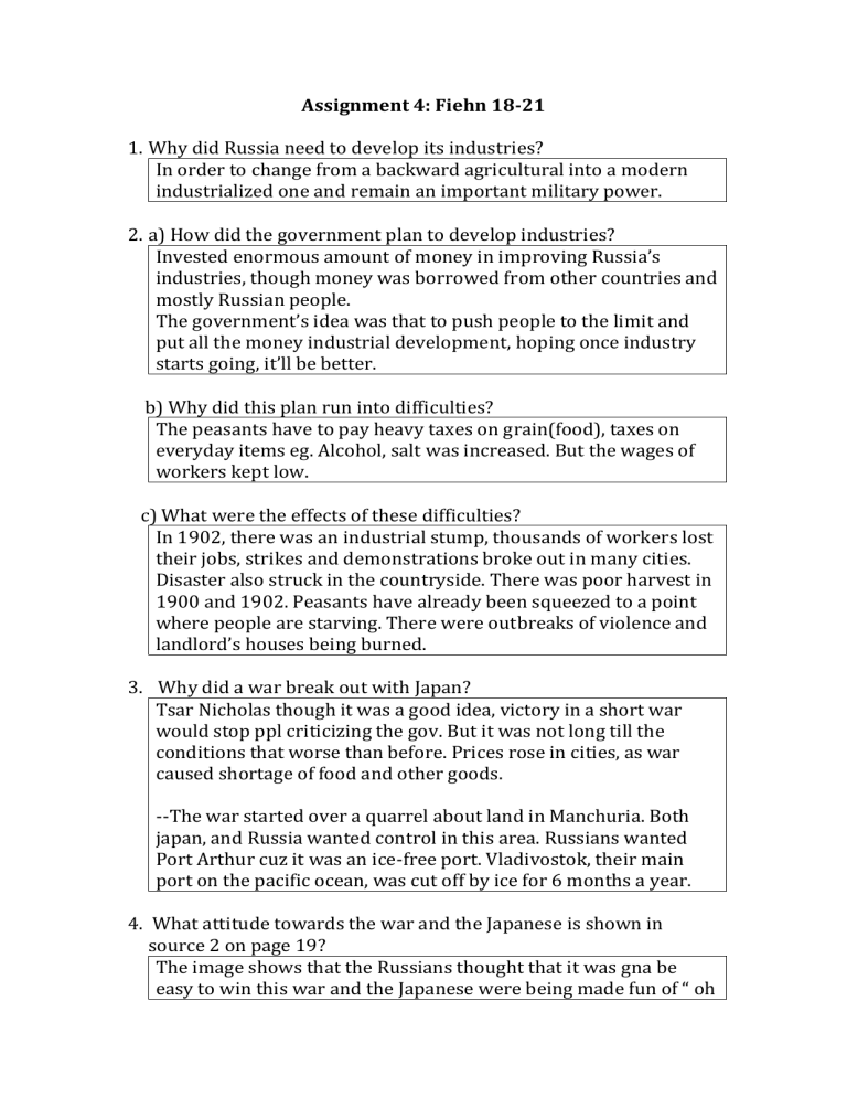Russian Industrialization & Russo-Japanese War Assignment