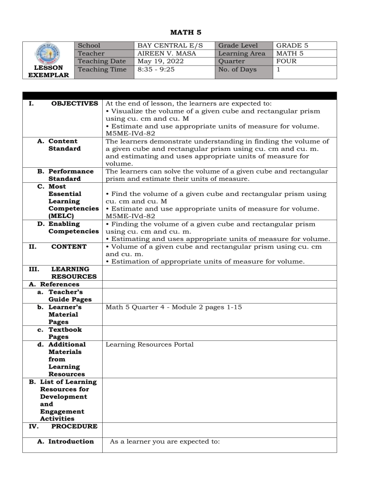 Grade 5 Math Lesson: Volume of Cubes and Prisms