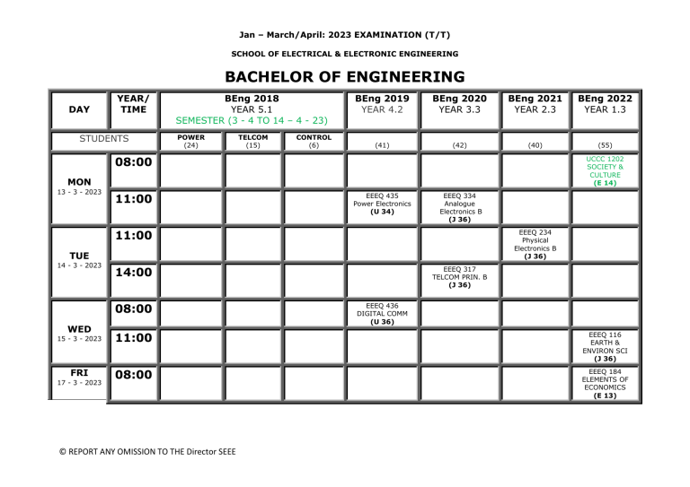 Electrical Engineering Exam Timetable 2023