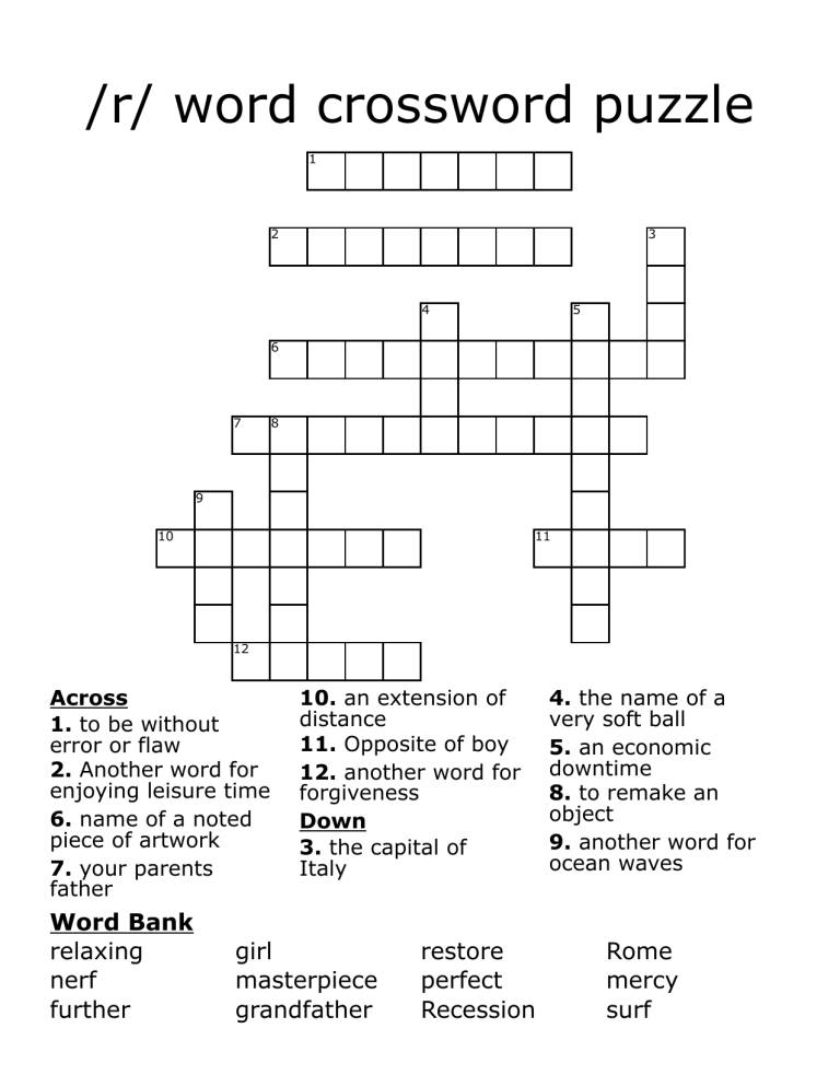/r/ Word Crossword Puzzle - Vocabulary Building