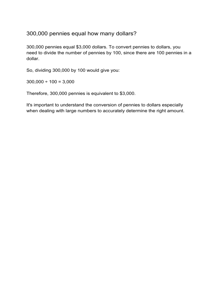 Pennies to Dollars Conversion: 300,000 Pennies