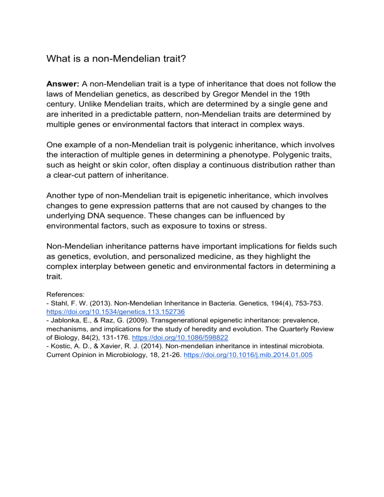 Non-Mendelian Traits: Inheritance Beyond Mendel's Laws