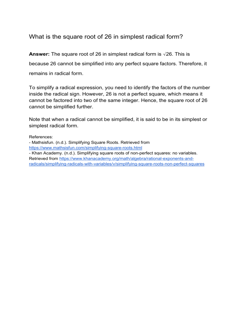 Simplifying Square Root of 26: Radical Form Explained