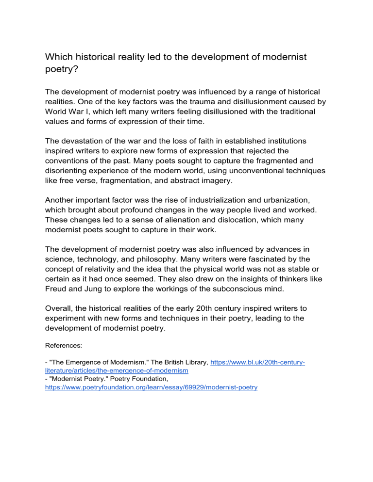 Modernist Poetry: Historical Influences & Development