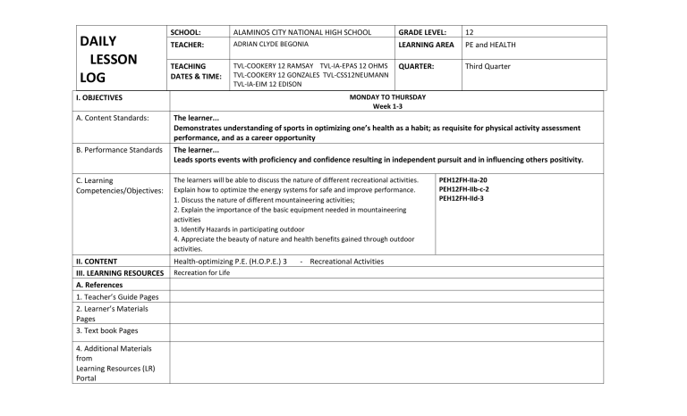 Daily Lesson Log: PE & Health, Grade 12, Recreational Activities