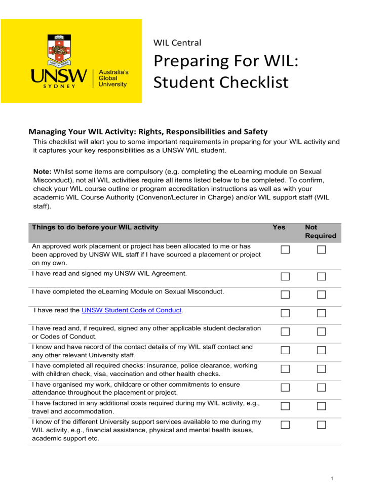 WIL Student Checklist: UNSW Preparation Guide