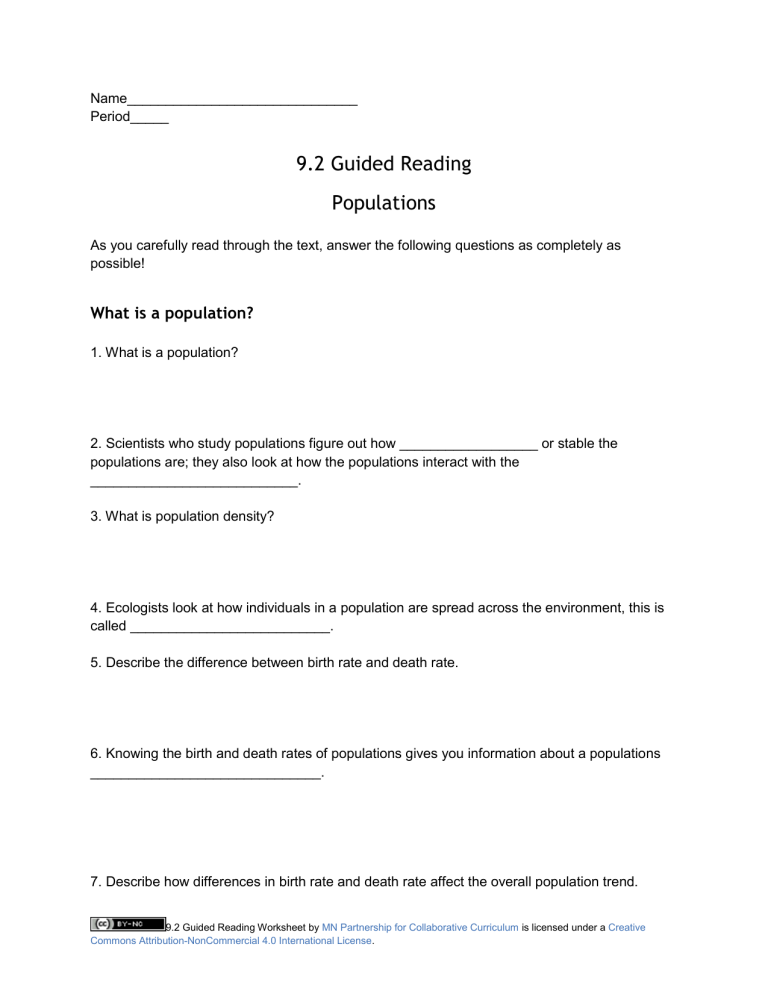 Populations Guided Reading Worksheet