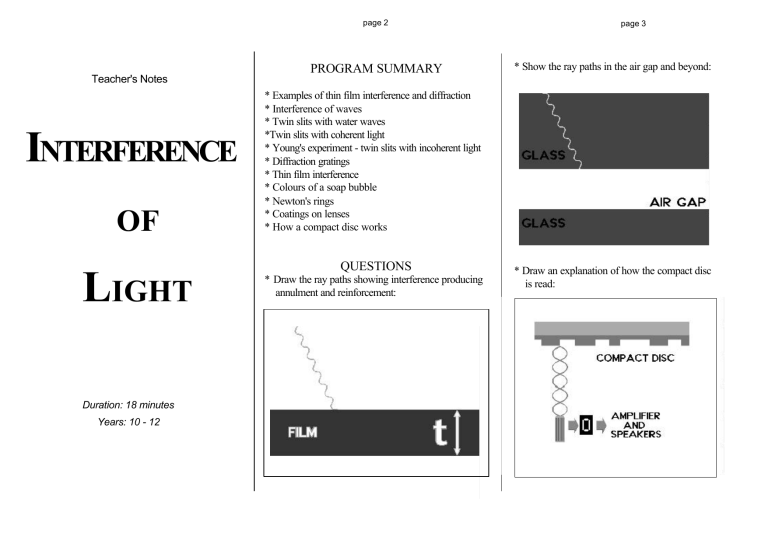 Interference of Light: Teacher's Notes & Questions