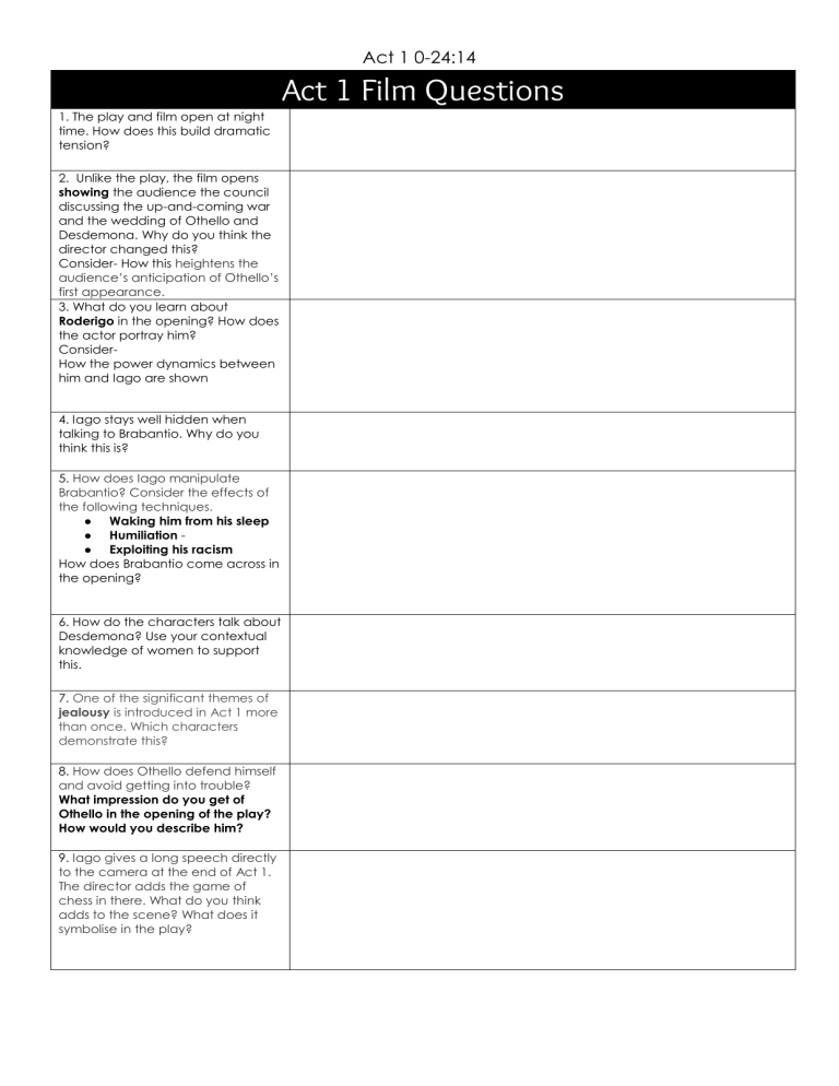 Othello Act 1 Film Questions Worksheet