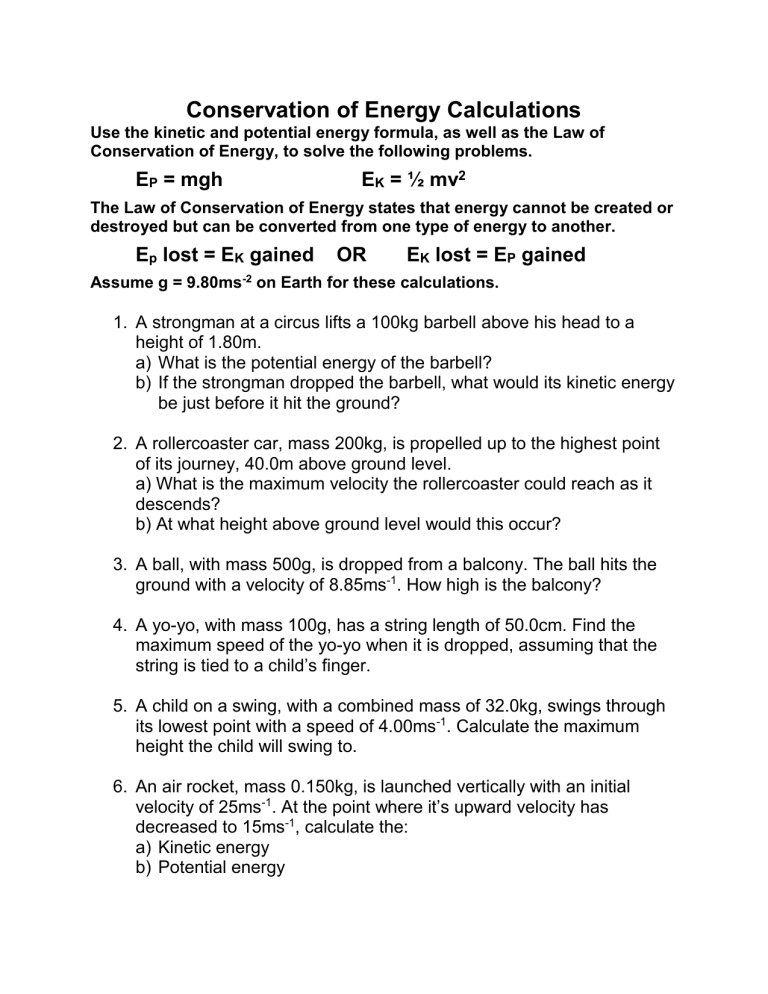 Conservation of Energy Worksheet: Kinetic & Potential Energy