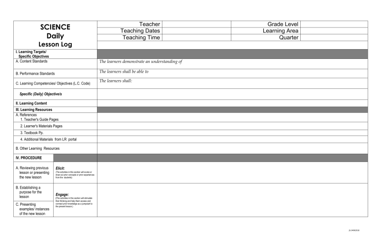Science Daily Lesson Log Template