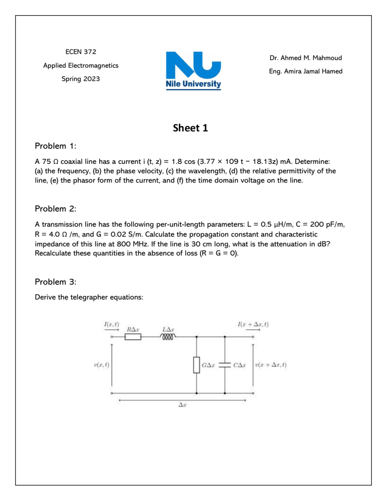 Applied Electromagnetics Problem Sheet - Transmission Lines
